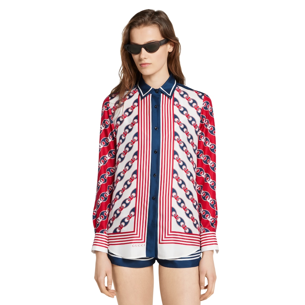 Silk twill printed shirt in red, white and blue | GUCCI® UK