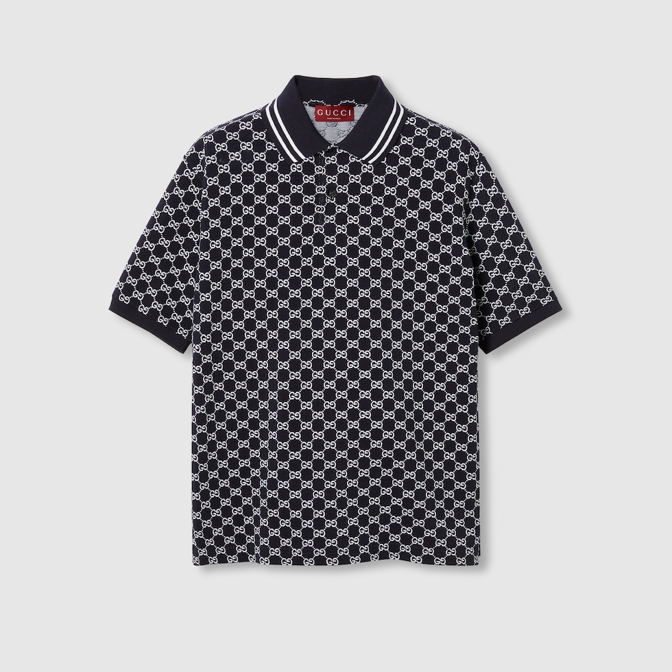 GG cotton piquet jacquard polo shirt in navy and white | GUCCI® CA