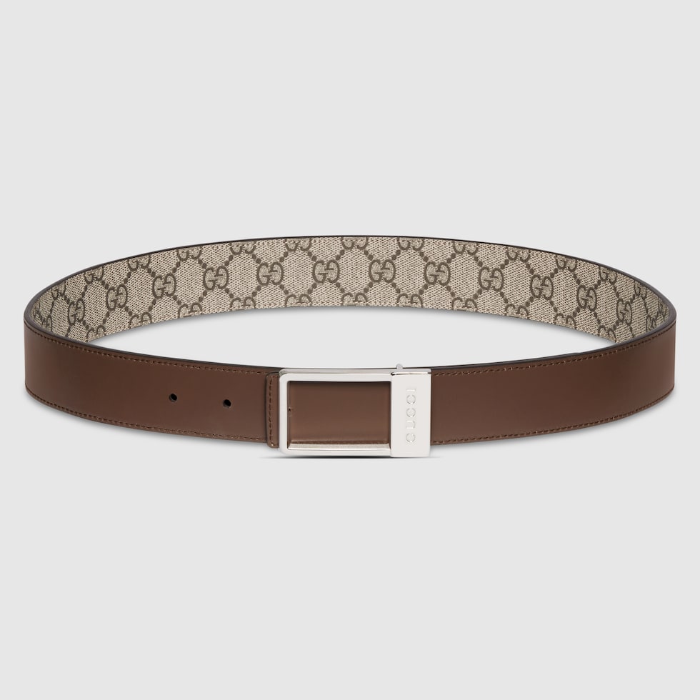 Reversible belt with rectangular buckle in beige GG Supreme and brown ...