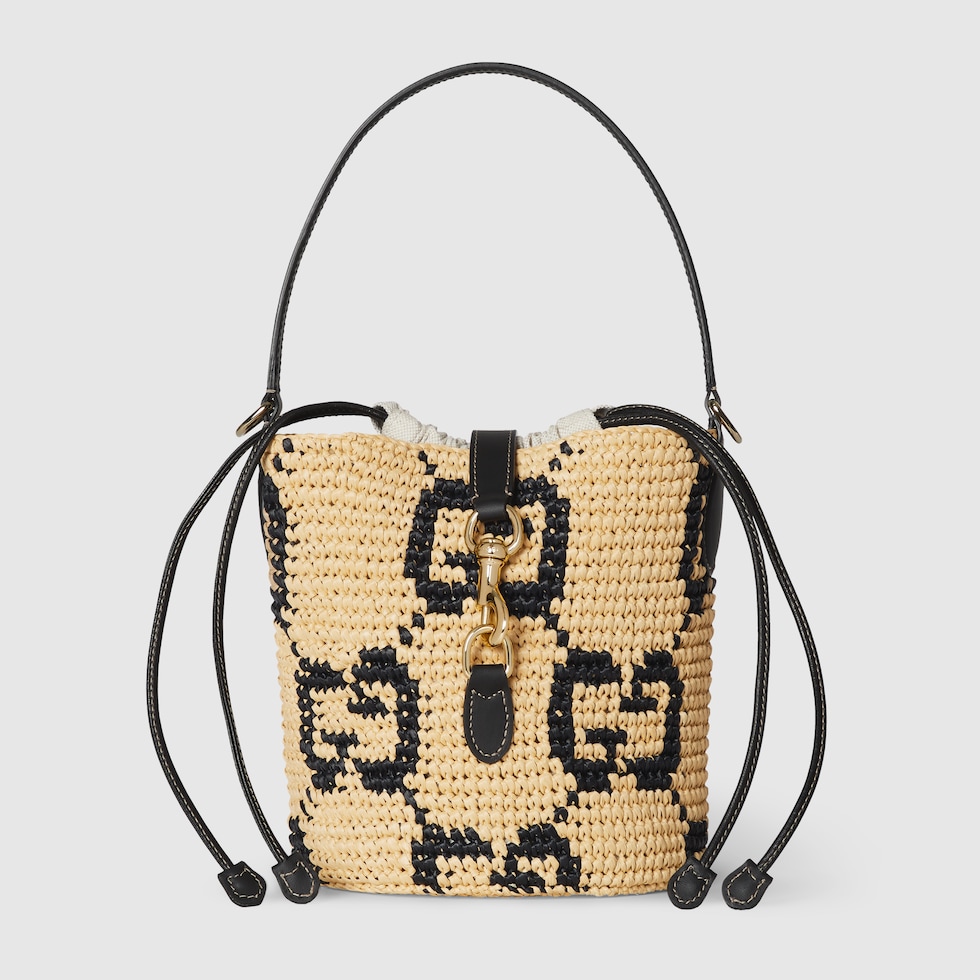 Raffia-effect mini bucket bag in natural and black fabric | GUCCI® UK