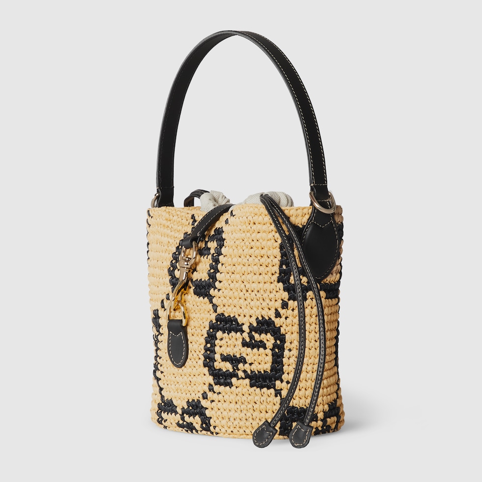 Raffia-effect mini bucket bag in natural and black fabric | GUCCI® UK