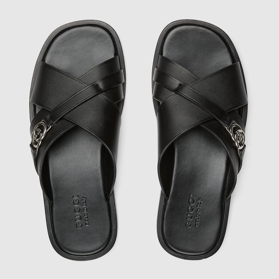 Men's slide sandal with Interlocking G in black leather | GUCCI® SG