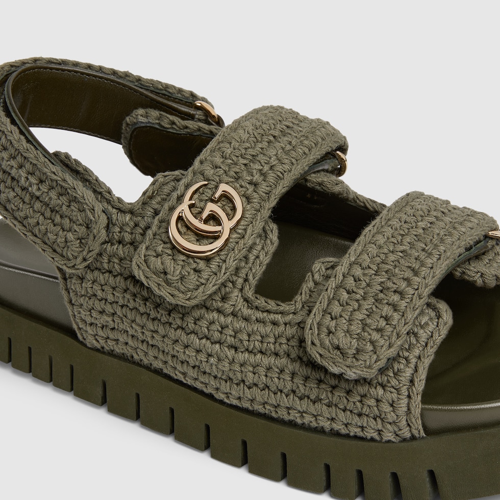Women's sandal with Double G in dark green cotton crochet | GUCCI® US