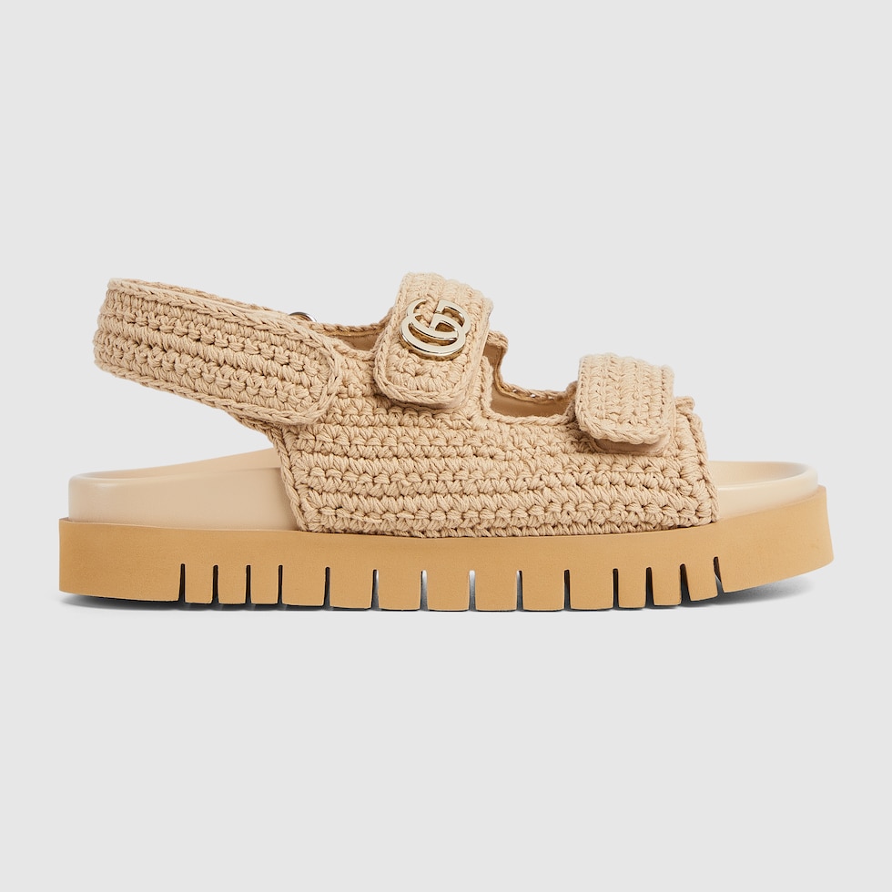 Women's sandal with Double G in beige cotton crochet | GUCCI® US