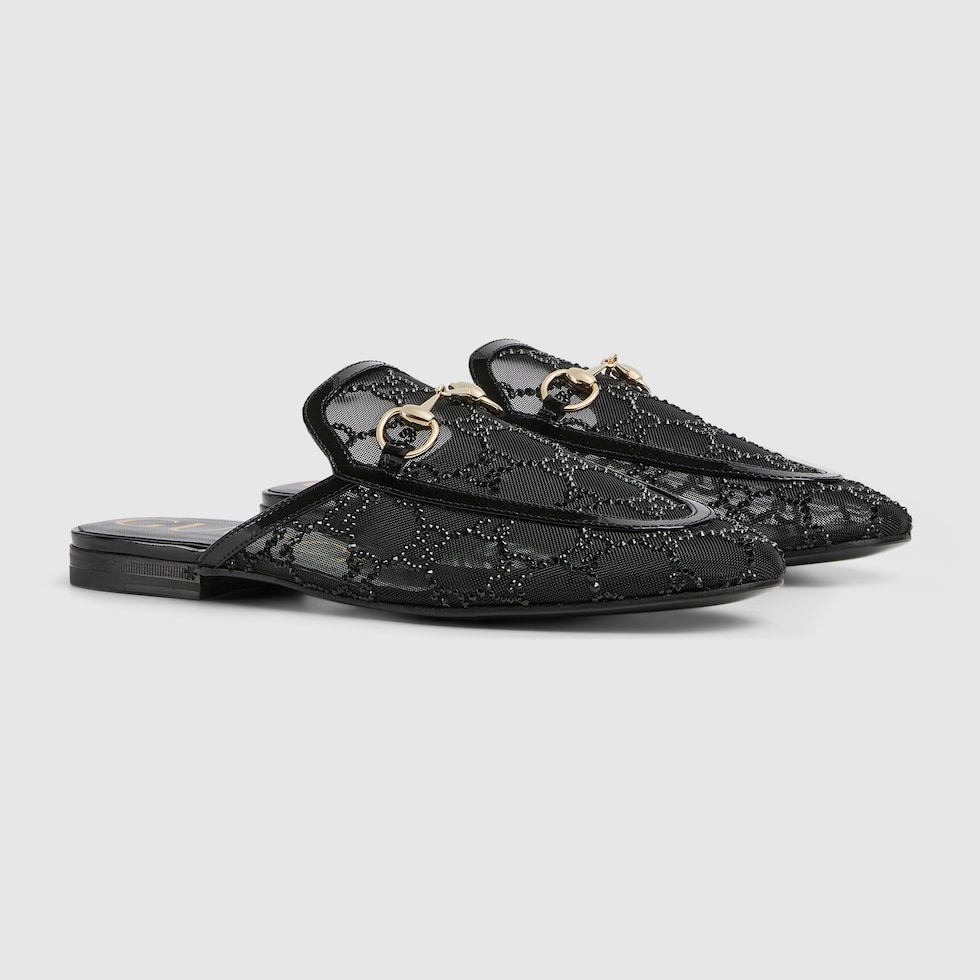 Women's GG crystal Princetown slipper in black GG mesh with crystals ...