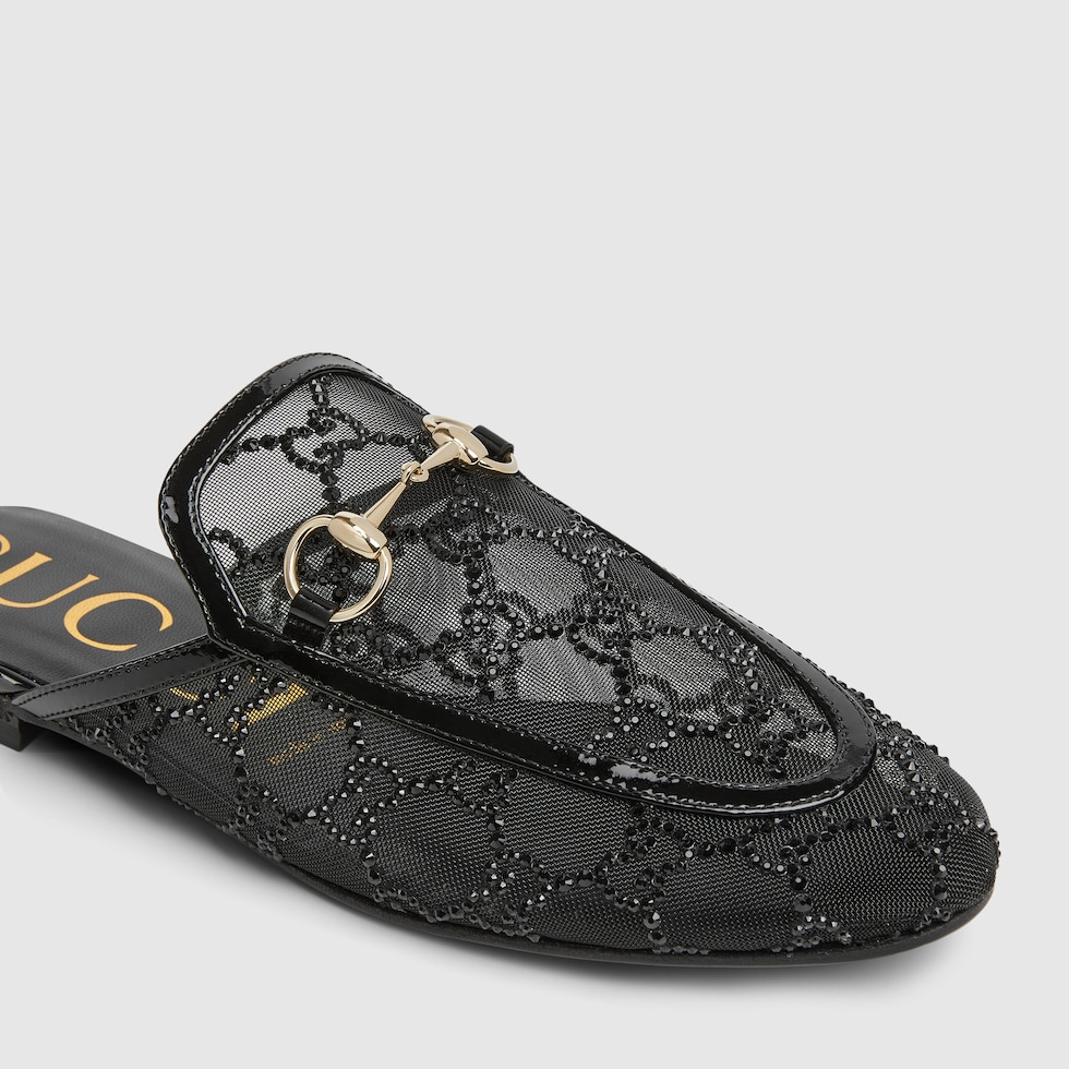 Women's GG crystal Princetown slipper in black GG mesh with crystals ...