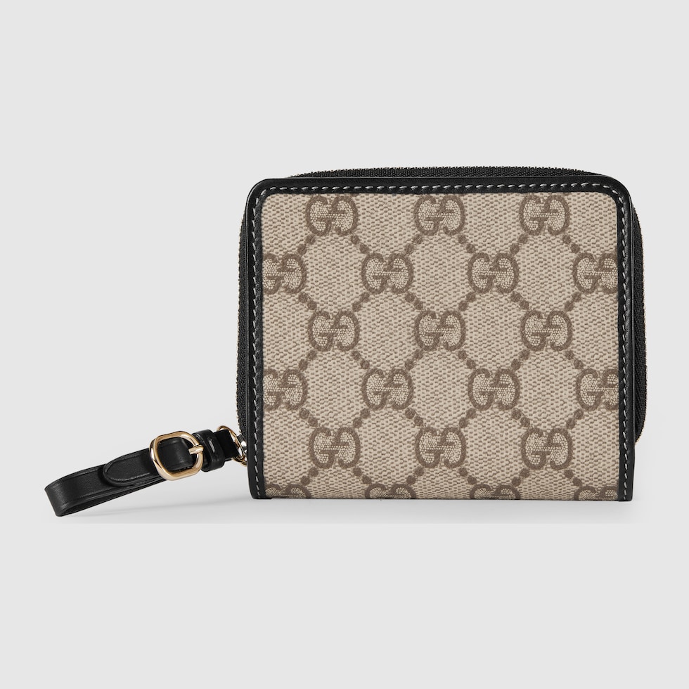 GG Emblem zip mini wallet in beige and dark brown fabric | GUCCI® IT