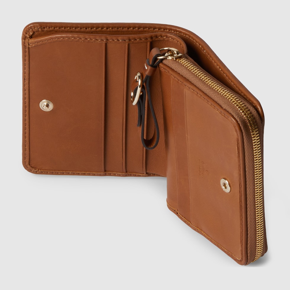 GG Emblem zip mini wallet in beige and dark brown fabric | GUCCI® DK