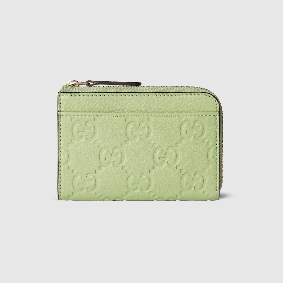 GG Emblem zip card case in pale green leather | GUCCI® UK