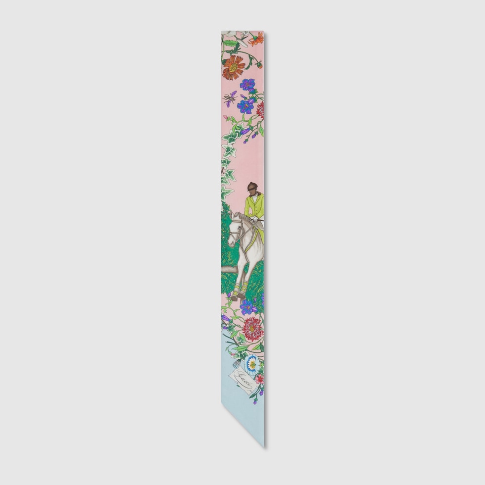 Printed silk twill ribbon in light blue and pink | GUCCI® SG