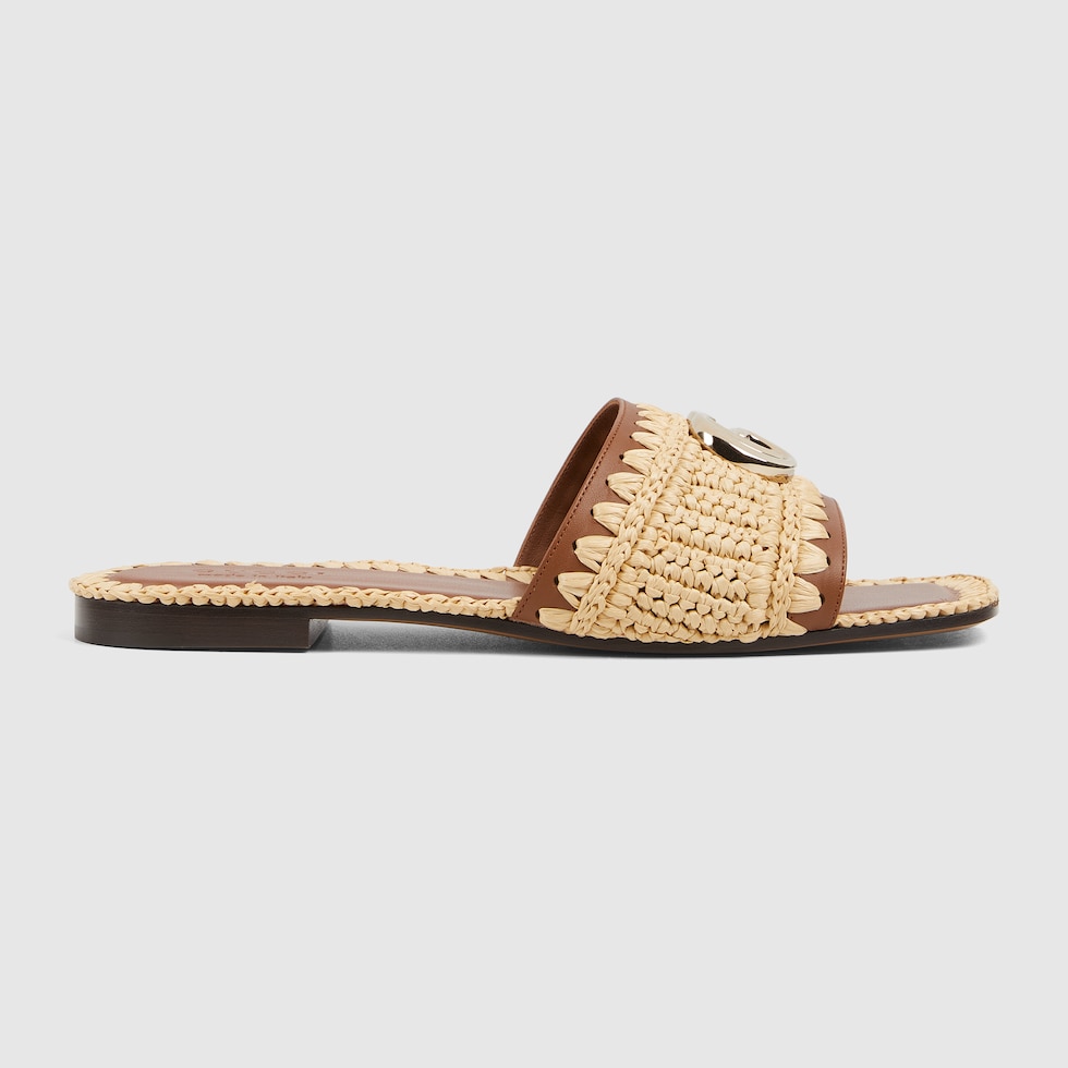 Women's slide sandal with Double G in natural raffia crochet | GUCCI® US