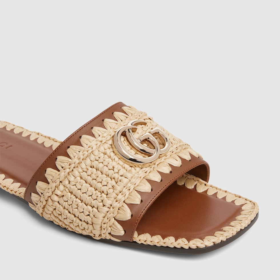 Women's slide sandal with Double G in natural raffia crochet | GUCCI® US