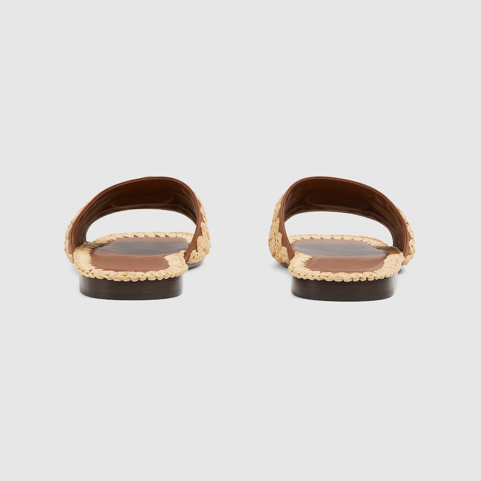Women's slide sandal with Double G in natural raffia crochet | GUCCI® US