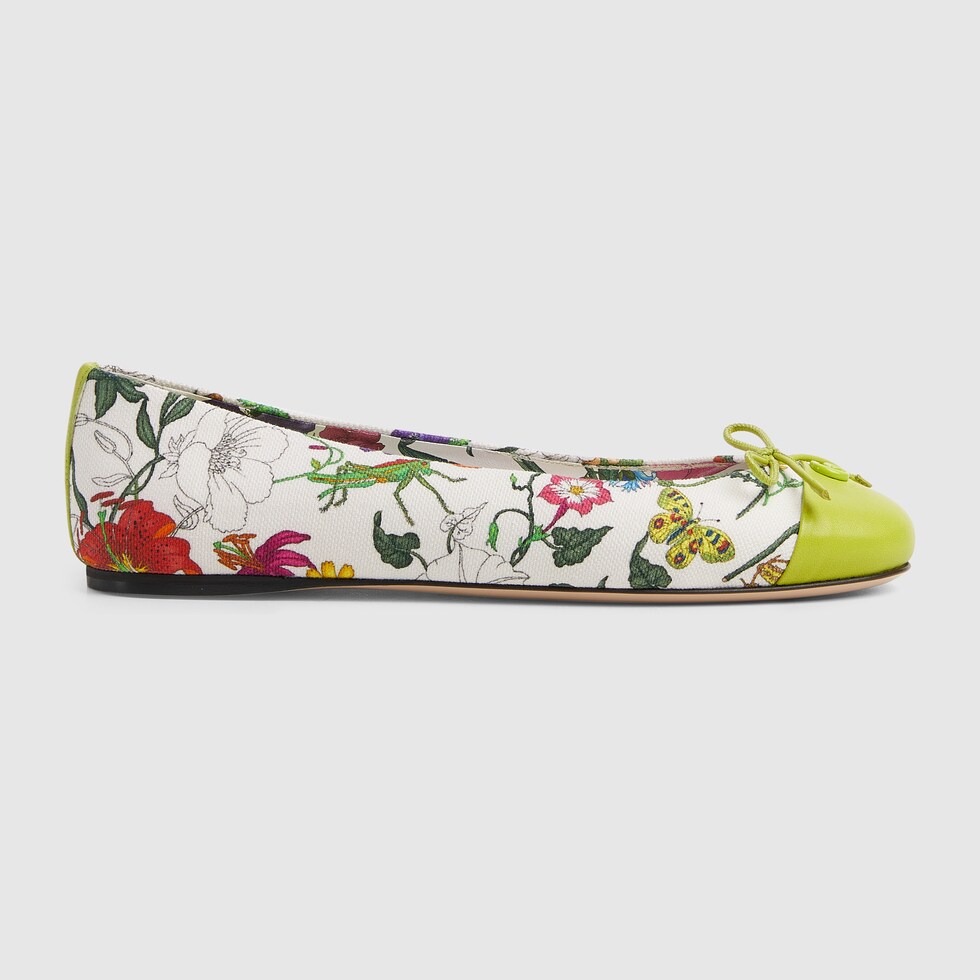 Women's printed ballet flat in white and acid green canvas | GUCCI® UK