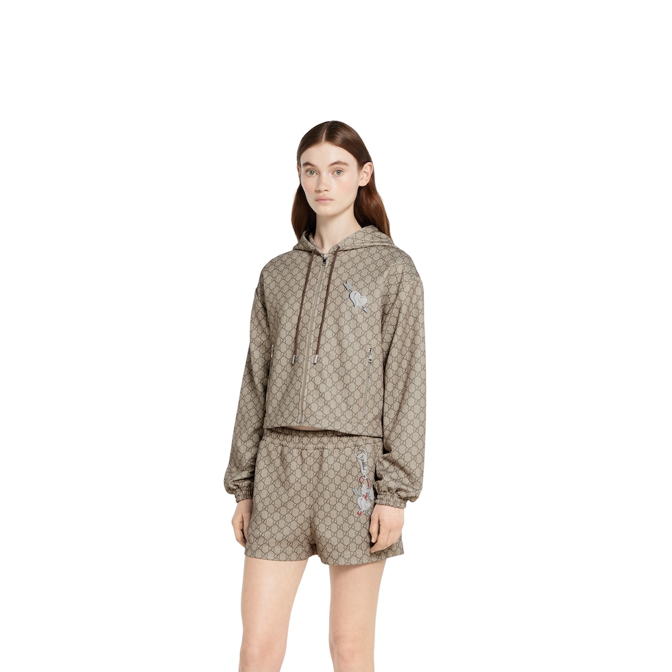 Printed technical jersey zip jacket in beige and dark brown | GUCCI® US