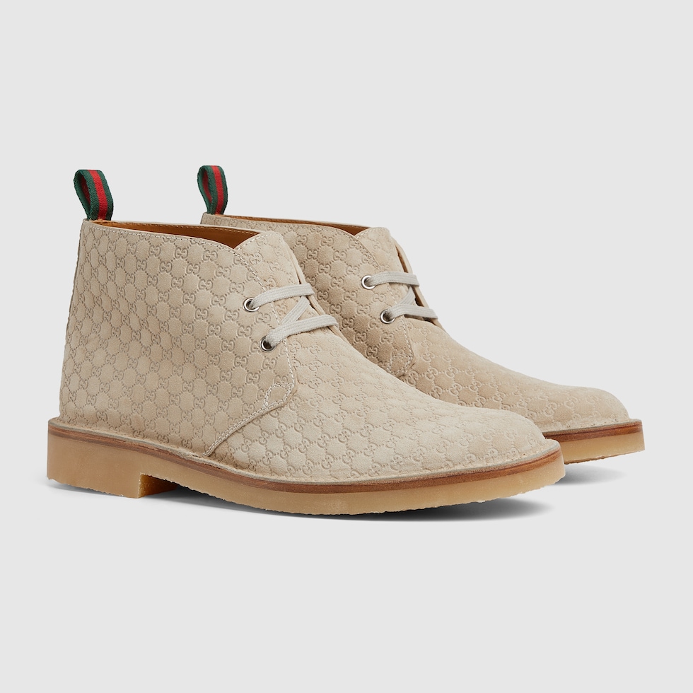Men's ankle boot with Web in oatmeal GG suede | GUCCI® CA