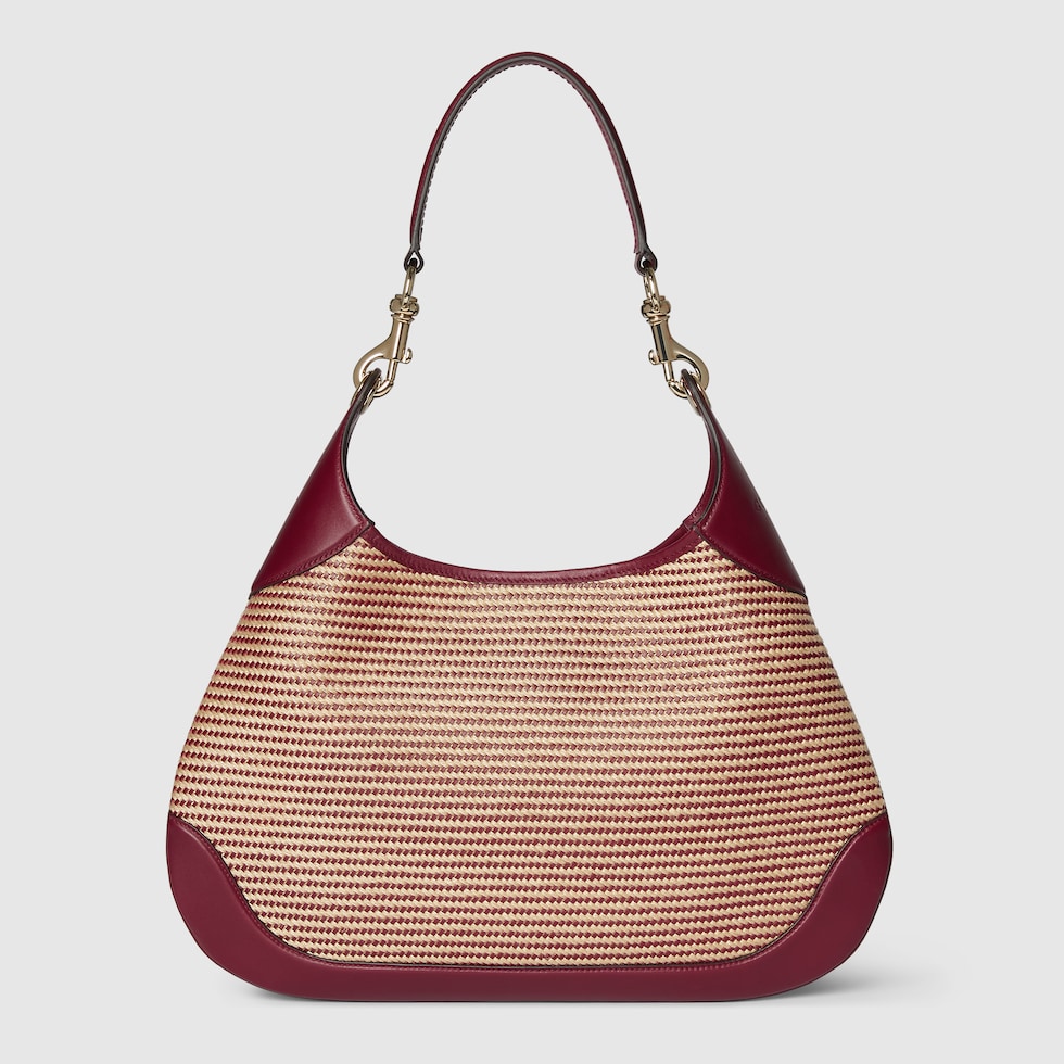 Gucci B medium shoulder bag in Rosso Ancora and natural raffia effect ...