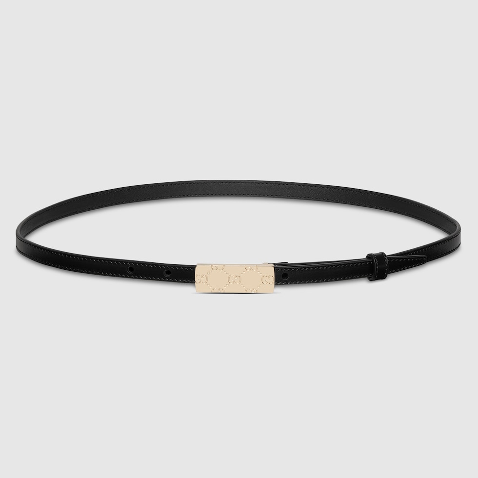 Thin belt with plaque buckle in black leather | GUCCI® US