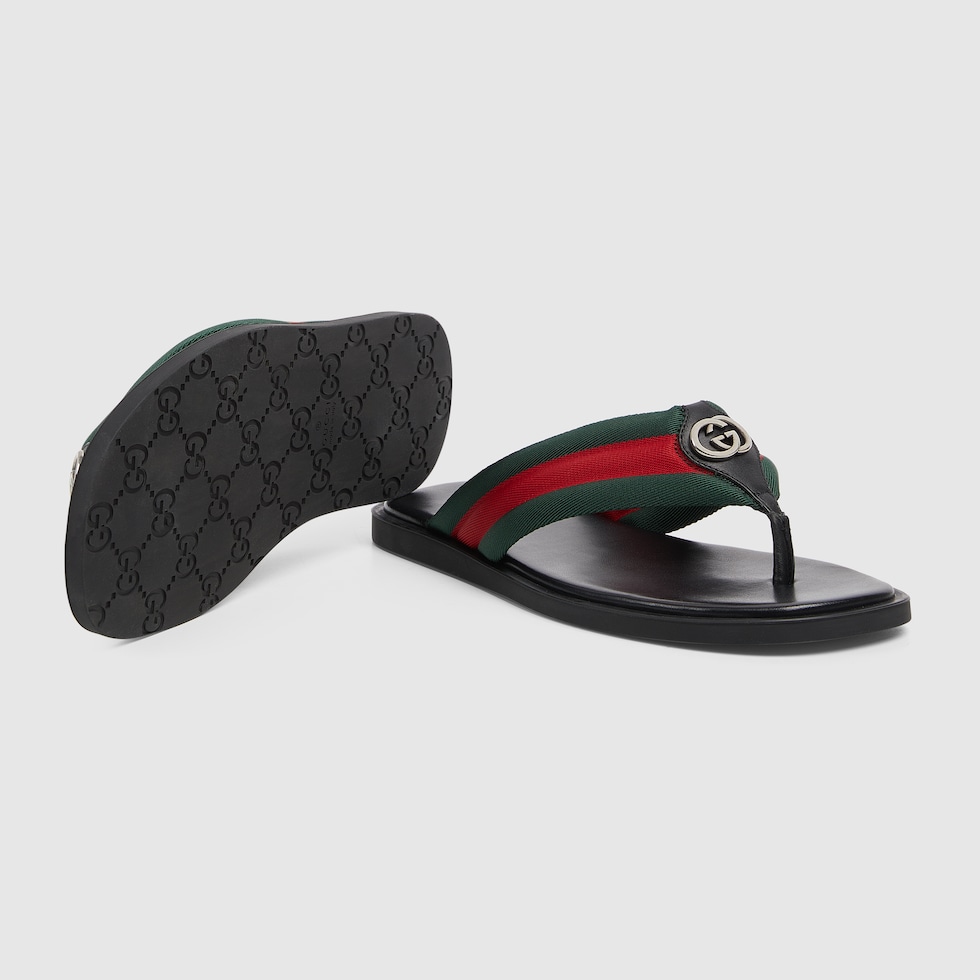 Men's thong sandal with Interlocking G in green and red nylon | GUCCI® UK