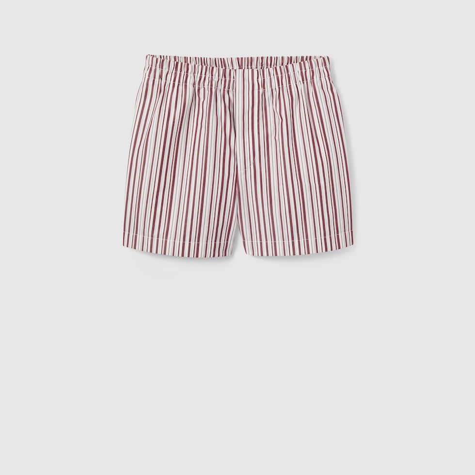 Striped cotton shorts with embroidery in white and Gucci Rosso Ancora ...