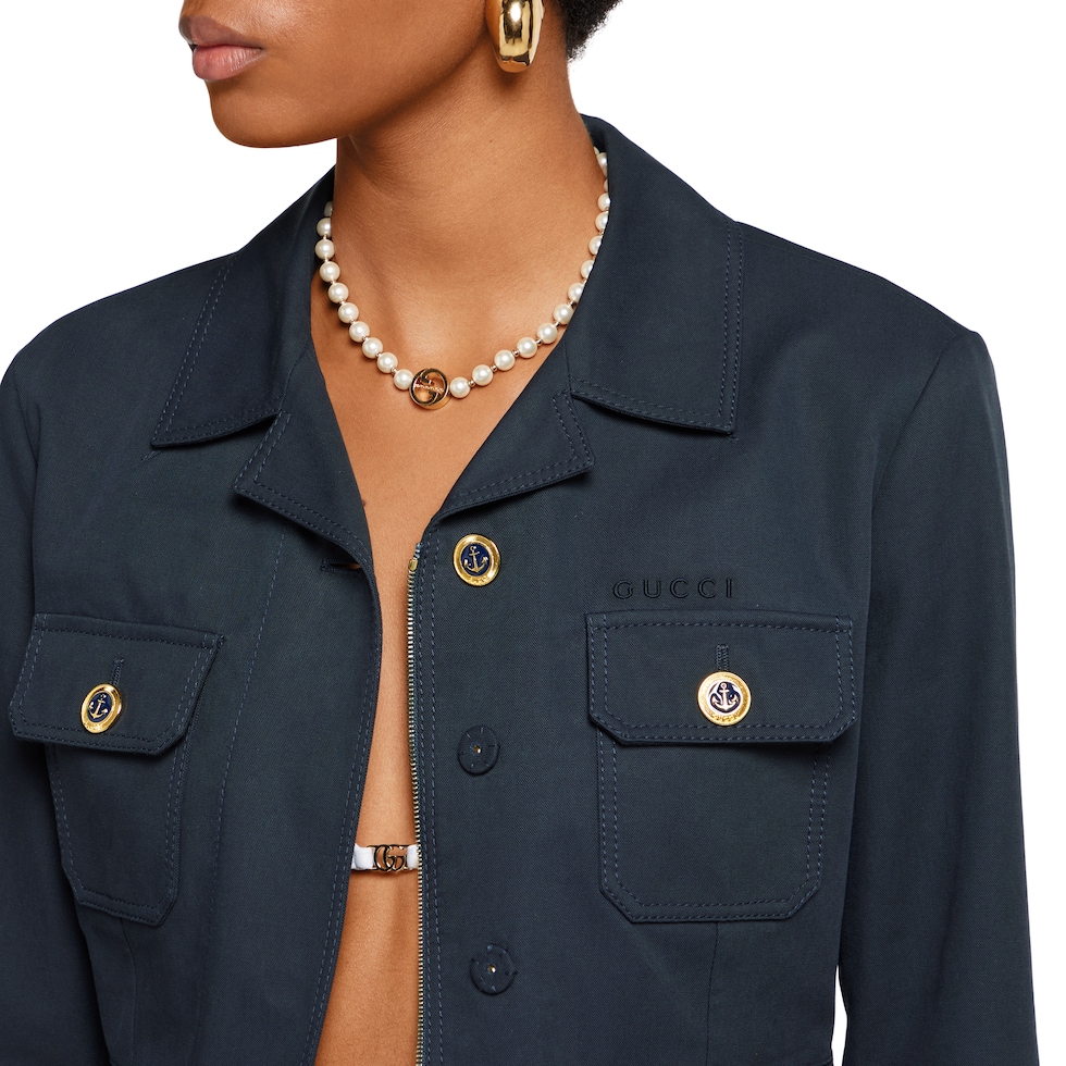 Cotton canvas jacket with embroidery in dark blue | GUCCI® UK