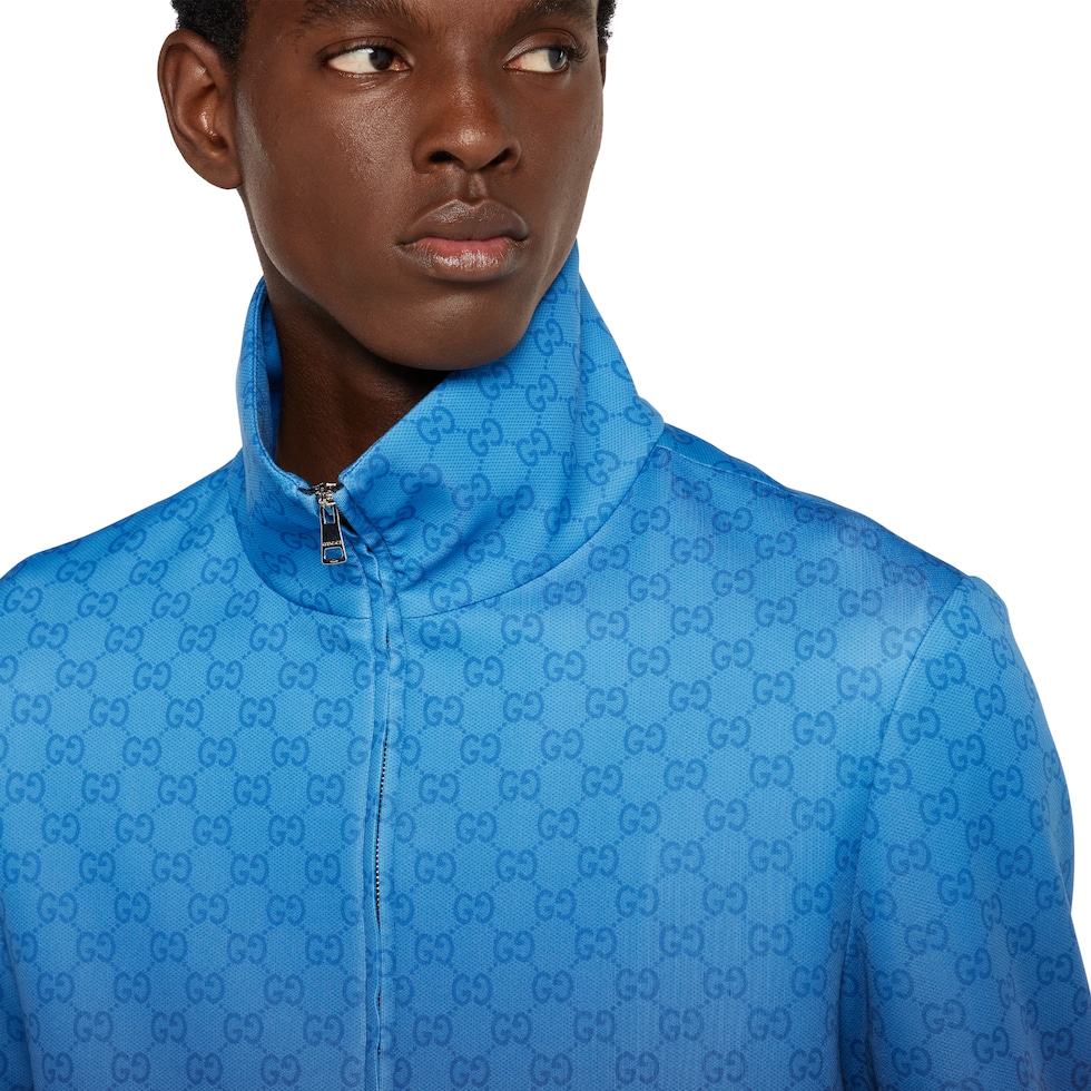 Printed neoprene zip jacket in gradient blue and dark blue | GUCCI® ZA
