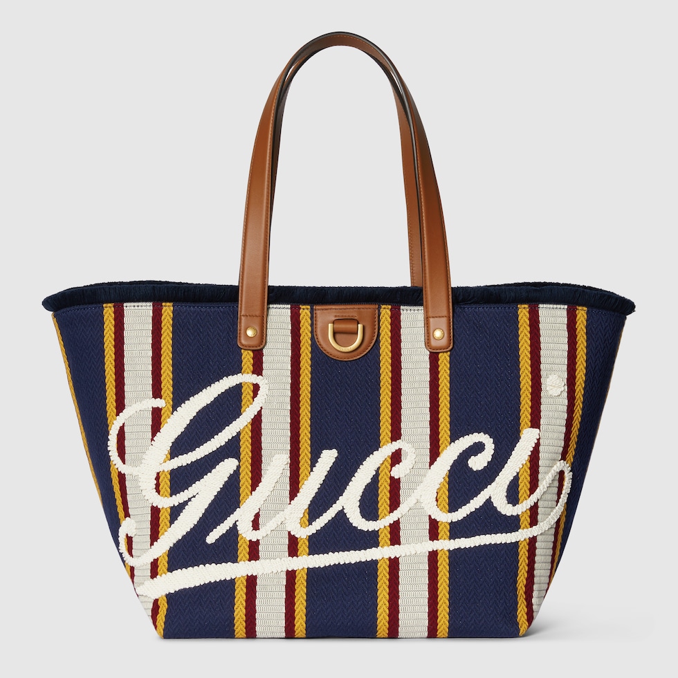 Embroidered medium canvas tote bag in dark blue and multicolor canvas ...