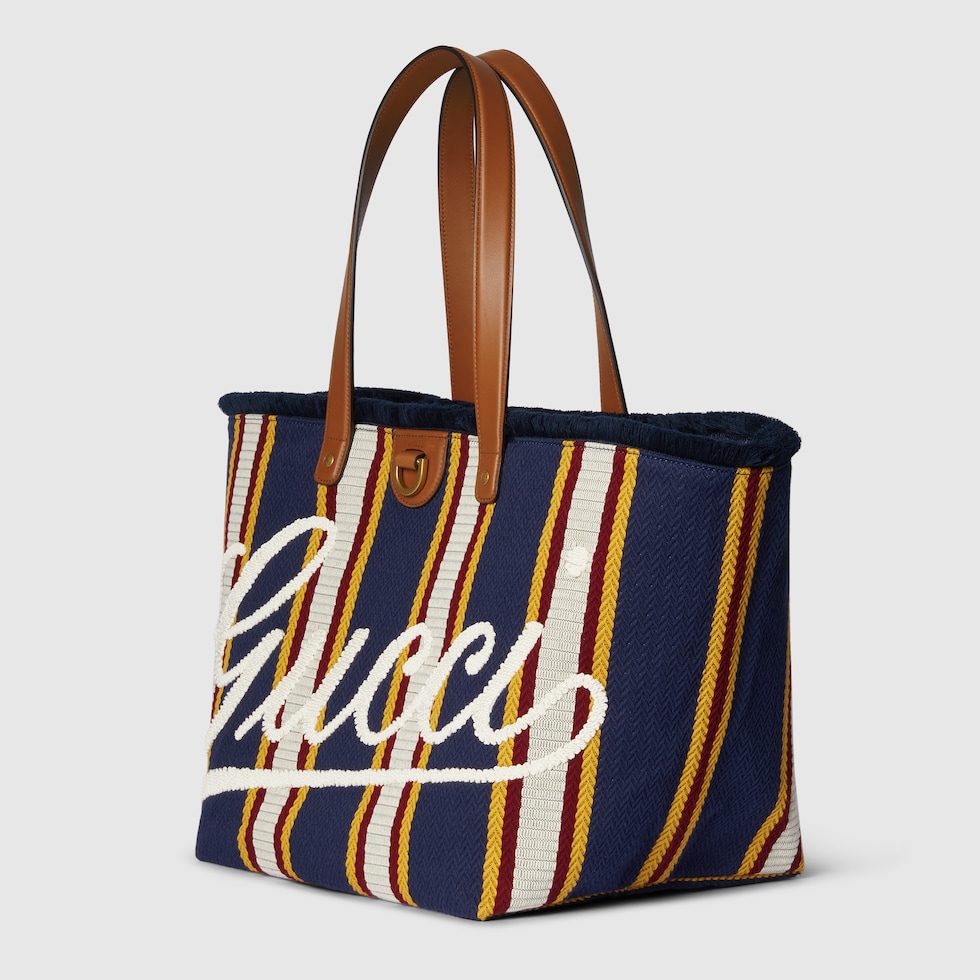 Embroidered medium canvas tote bag in dark blue and multicolor canvas ...