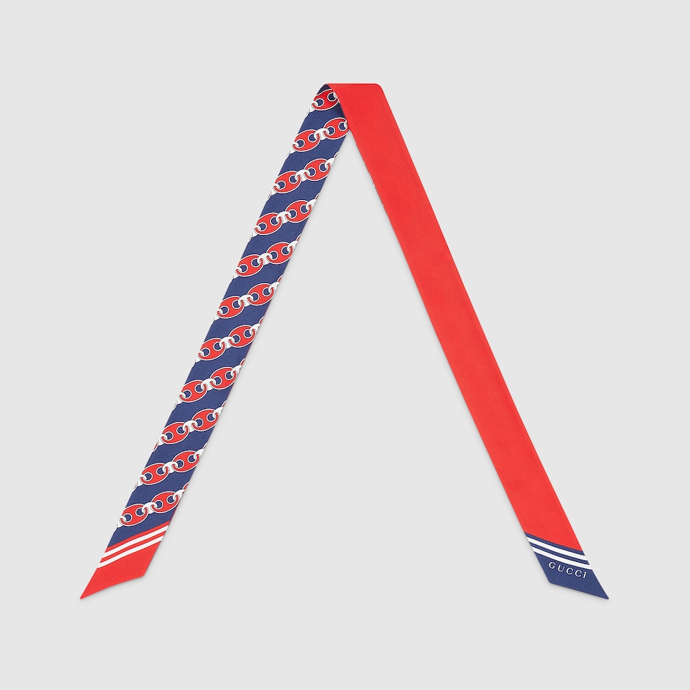 Printed silk twill ribbon in dark blue and red | GUCCI® IE
