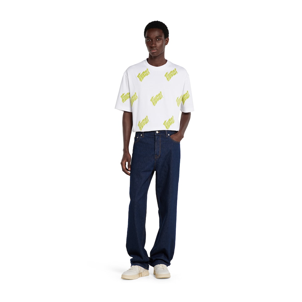 Embroidered cotton jersey T-shirt in white and lime green | GUCCI® US