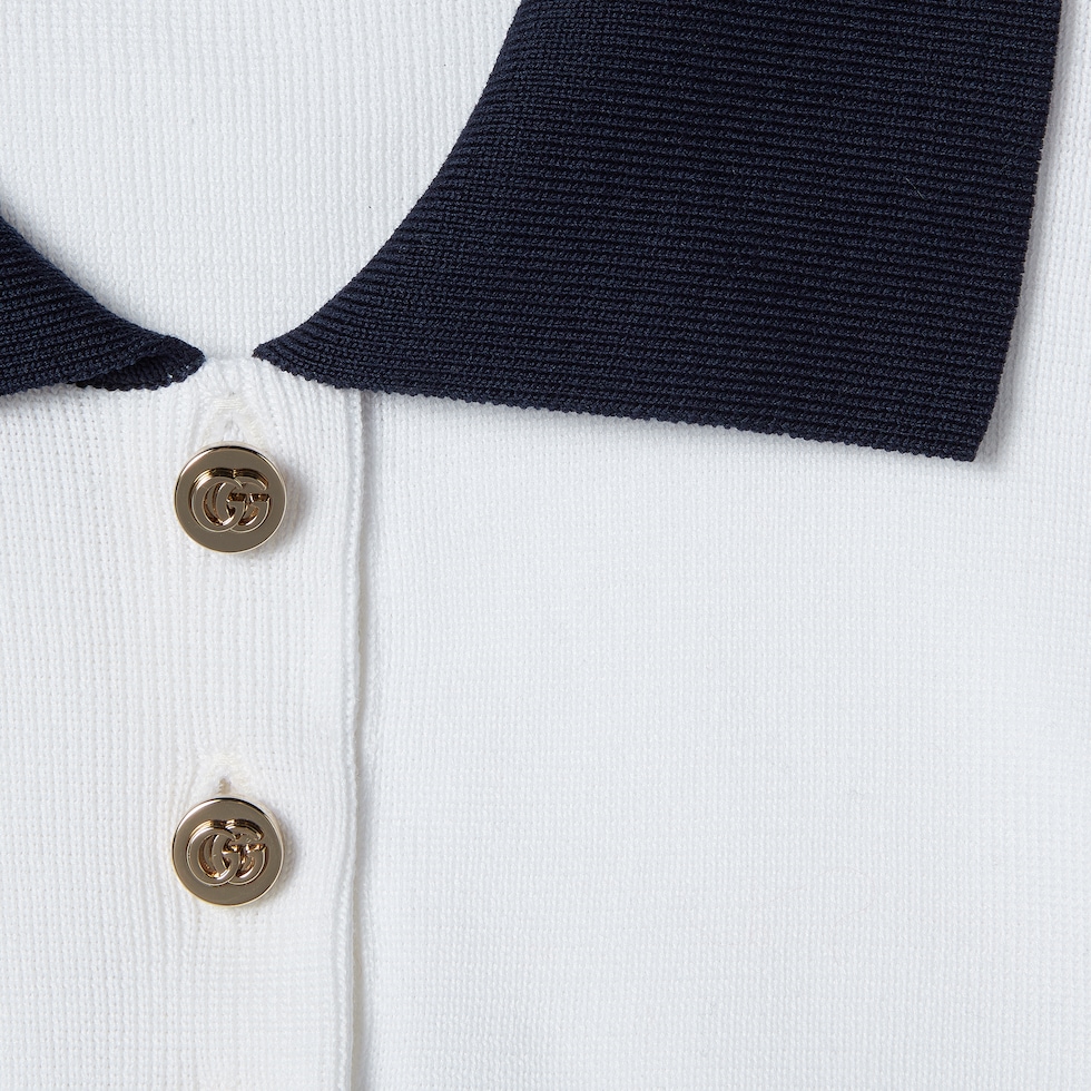 Cotton stitch polo top with intarsia in off white and blue | GUCCI® US
