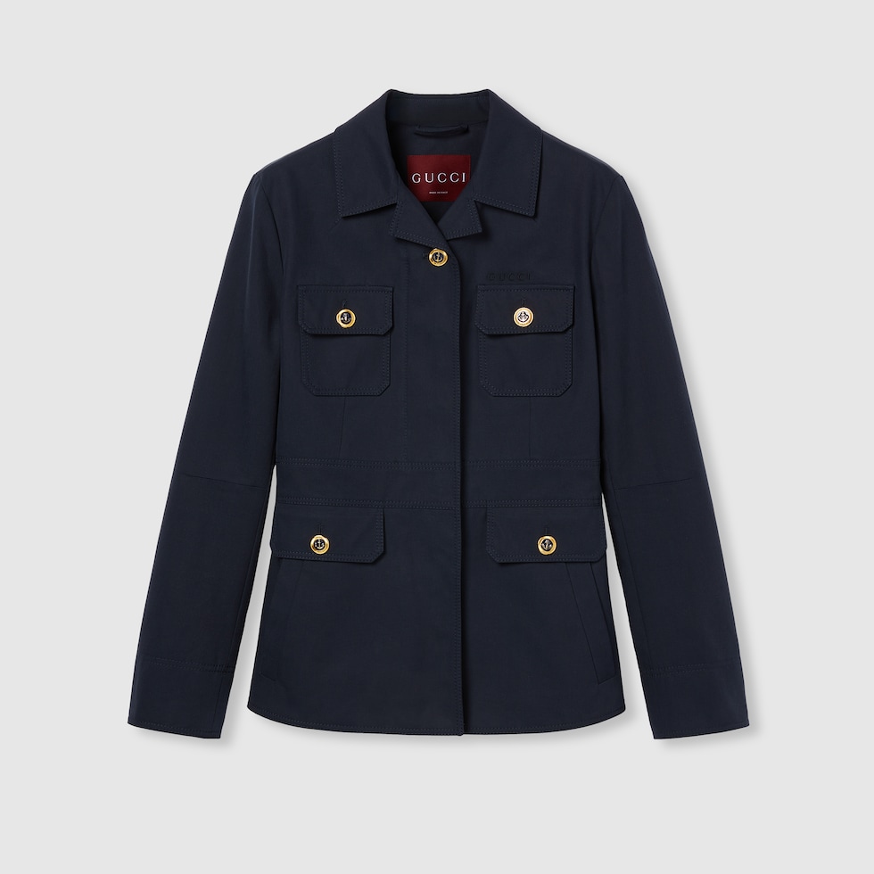 Cotton canvas jacket with embroidery in dark blue | GUCCI® UK