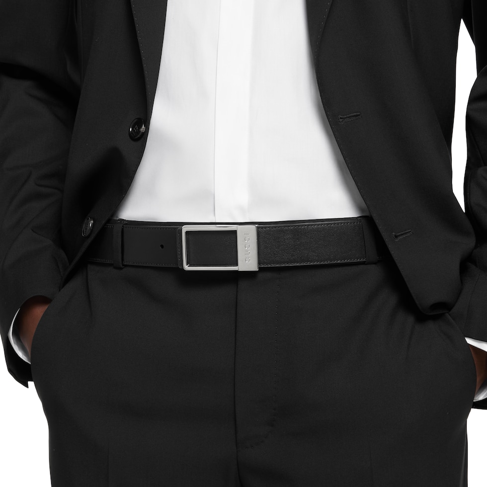 Reversible belt with rectangular buckle in black GG Supreme and leather ...