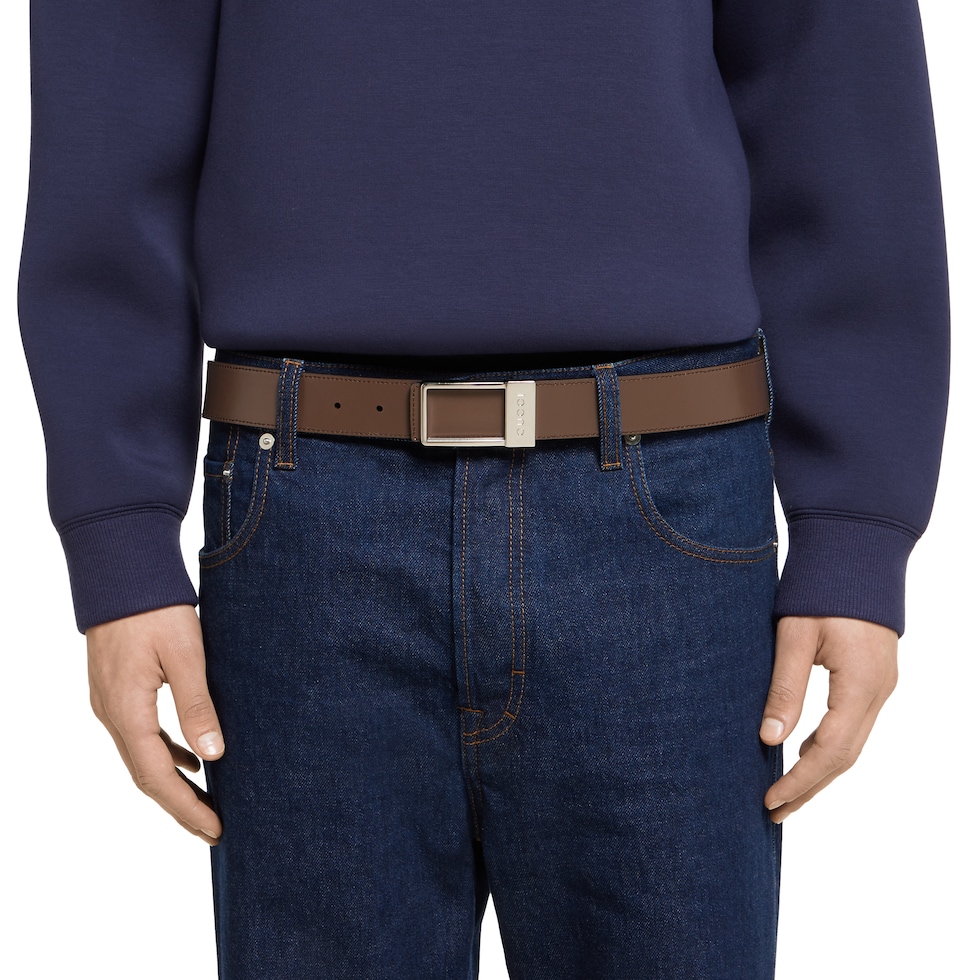 Reversible belt with rectangular buckle in beige GG Supreme and brown ...