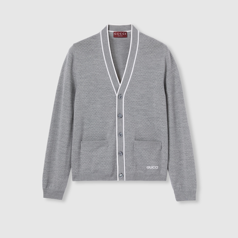 Cardigan in maglia di lana fine con intarsio in grigio | GUCCI® IT