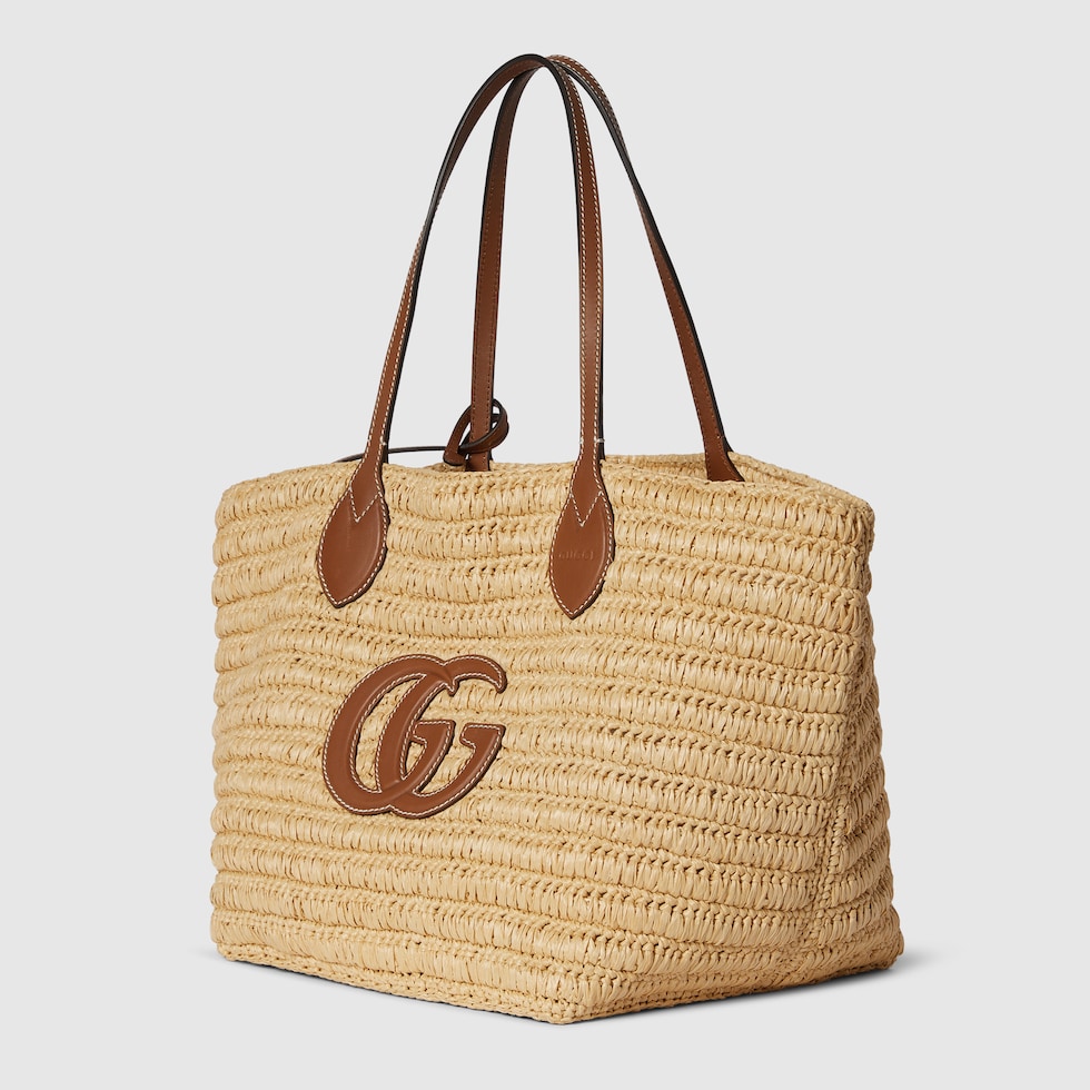 Woven medium tote bag in natural raffia effect | GUCCI® NL