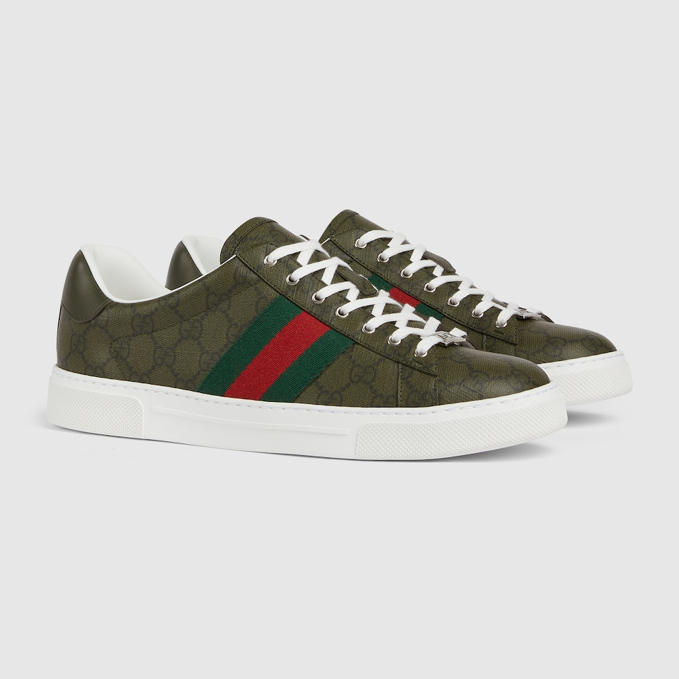 Men's Gucci Ace sneaker with Web in dark green GG Supreme | GUCCI® NZ