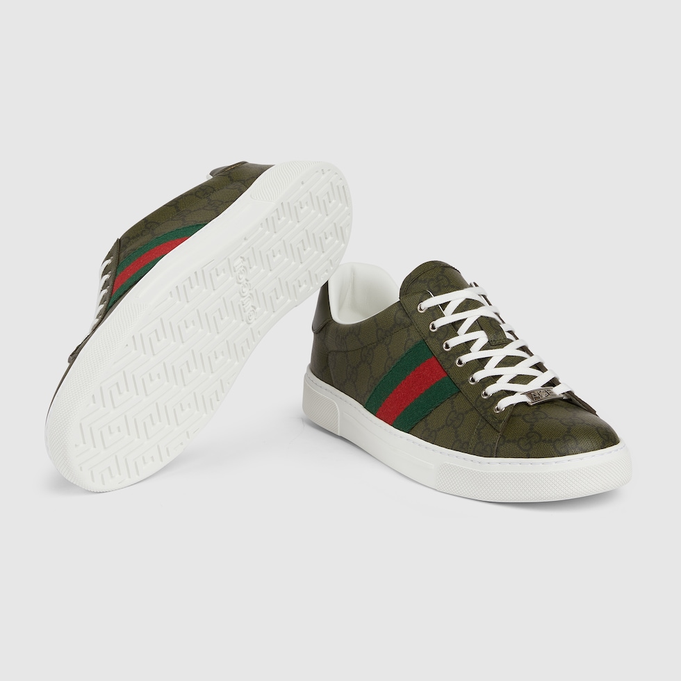 Men's Gucci Ace sneaker with Web in dark green GG Supreme | GUCCI® UK