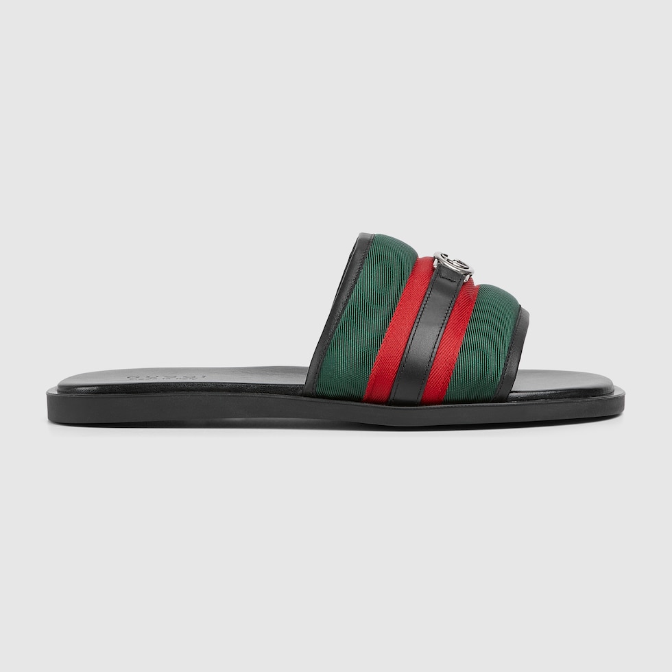 Men's slide sandal with Interlocking G in green and red nylon | GUCCI® CA