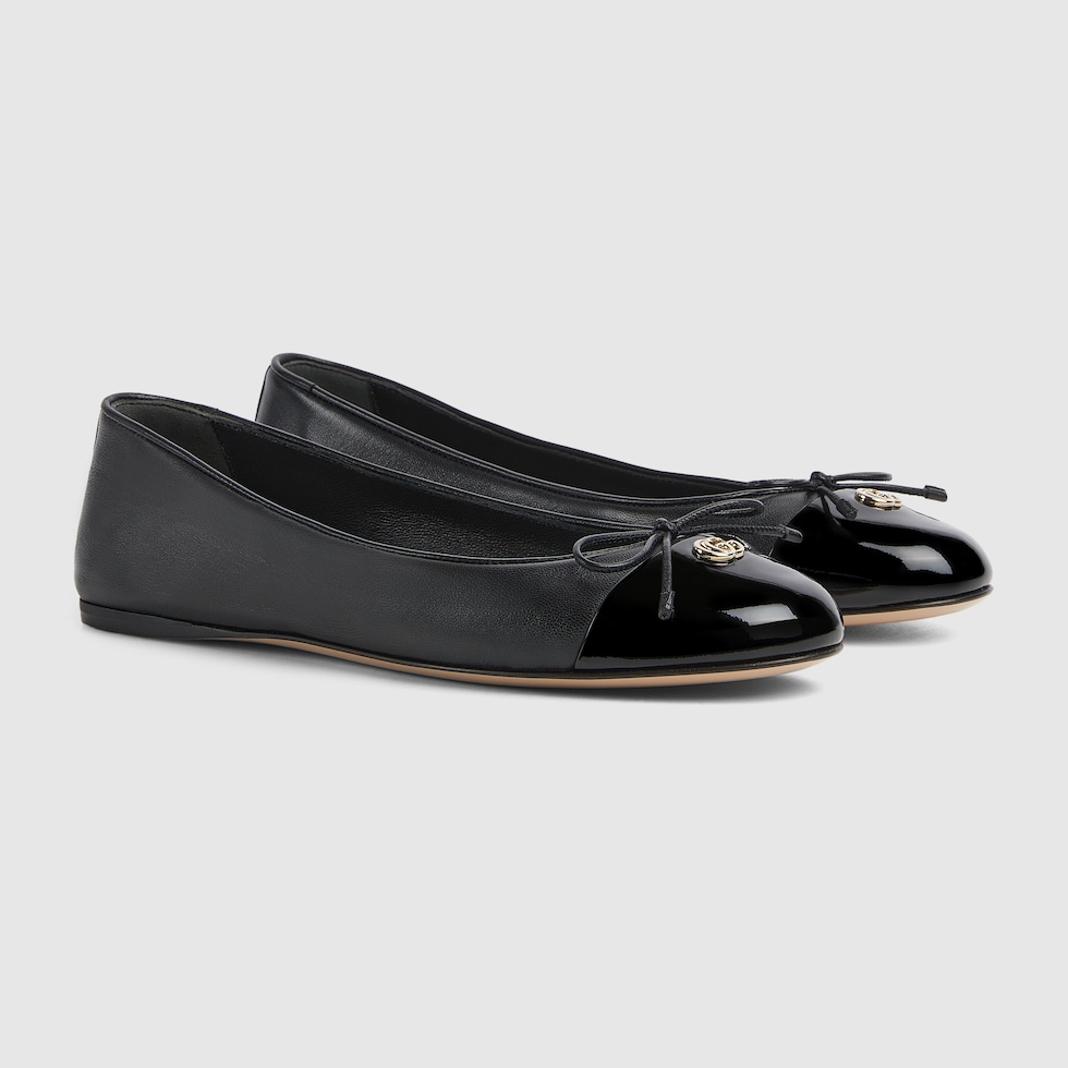 Women's ballet flat with Double G in black leather | GUCCI® SE