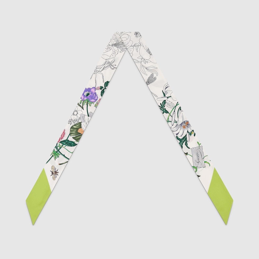 Printed silk twill ribbon in white and green | GUCCI® SG