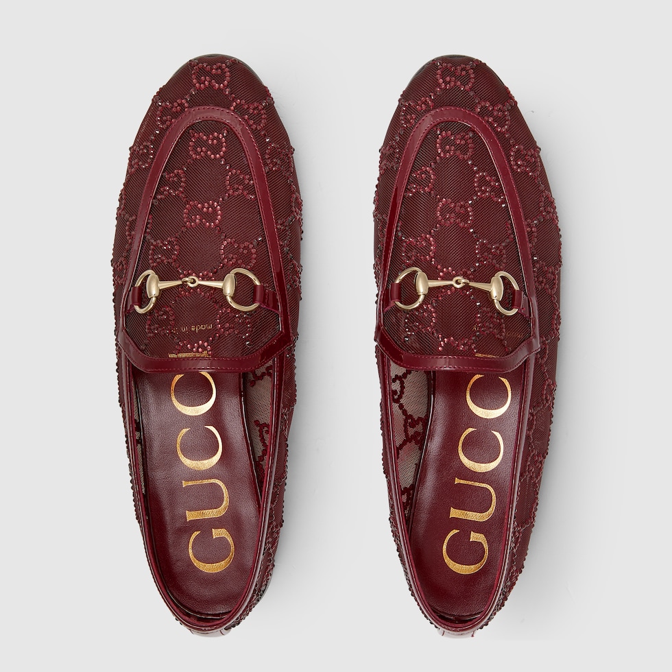 Women's Gucci Jordaan loafer in Rosso Ancora GG mesh with crystals ...