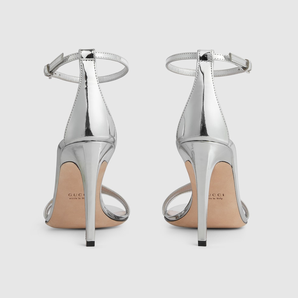 Sandales avec détail bambou pour femme en cuir métallisé argenté ...