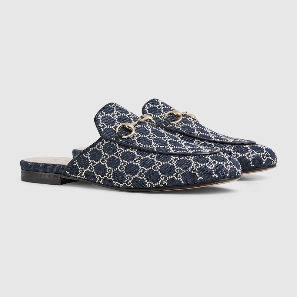 Women's GG crystal Princetown slipper in dark blue GG crystal denim ...