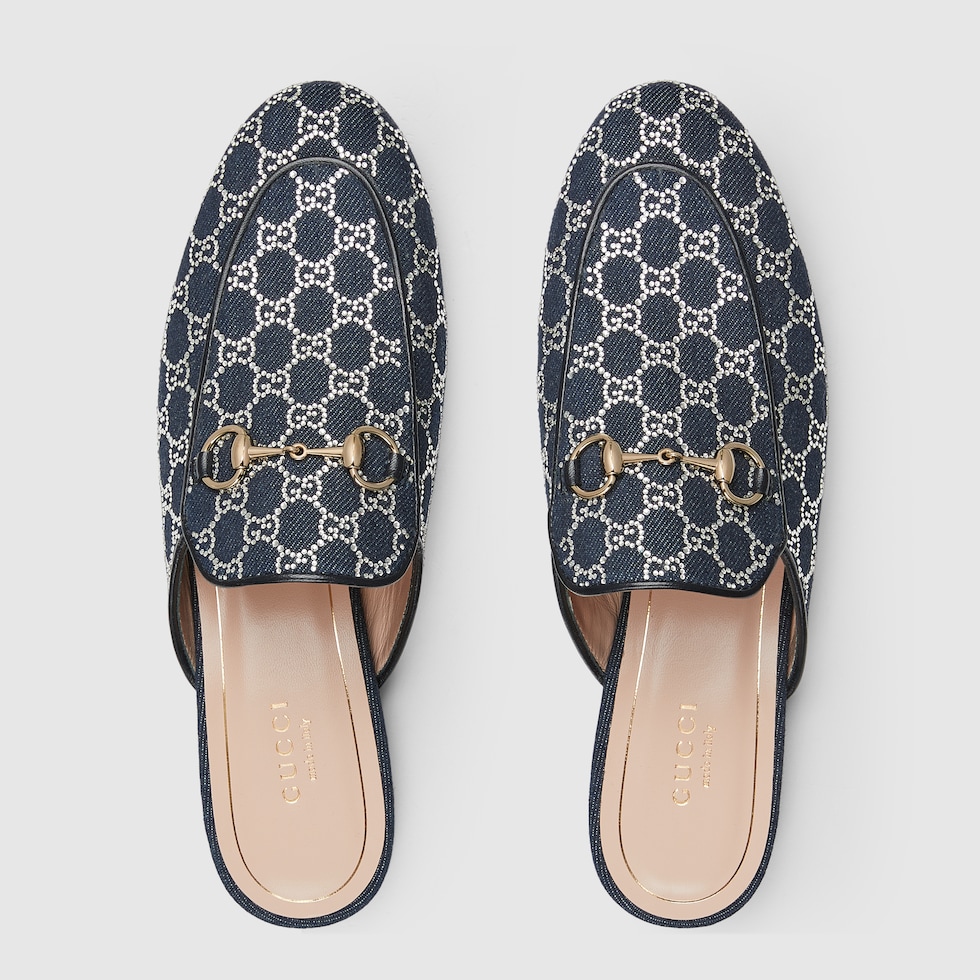 Women's GG crystal Princetown slipper in dark blue GG crystal denim ...