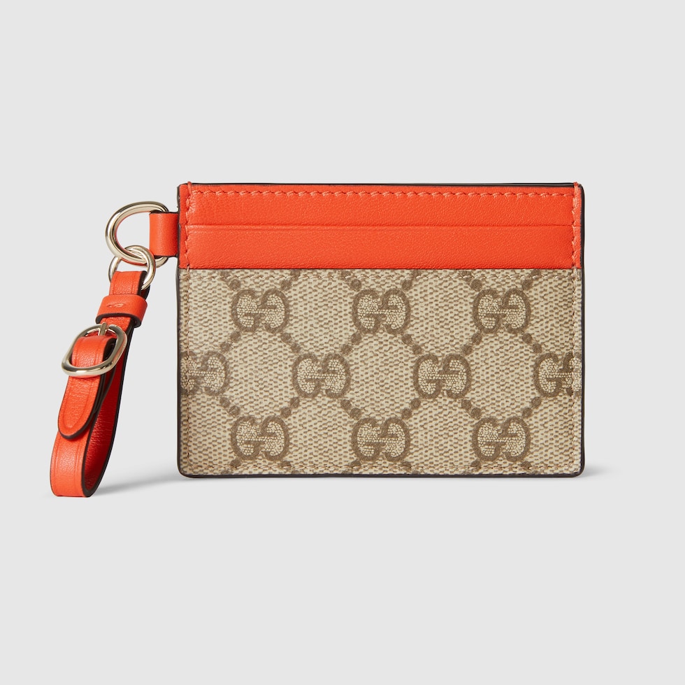 GG Emblem card case with strap in beige and brown GG fabric | GUCCI® UK