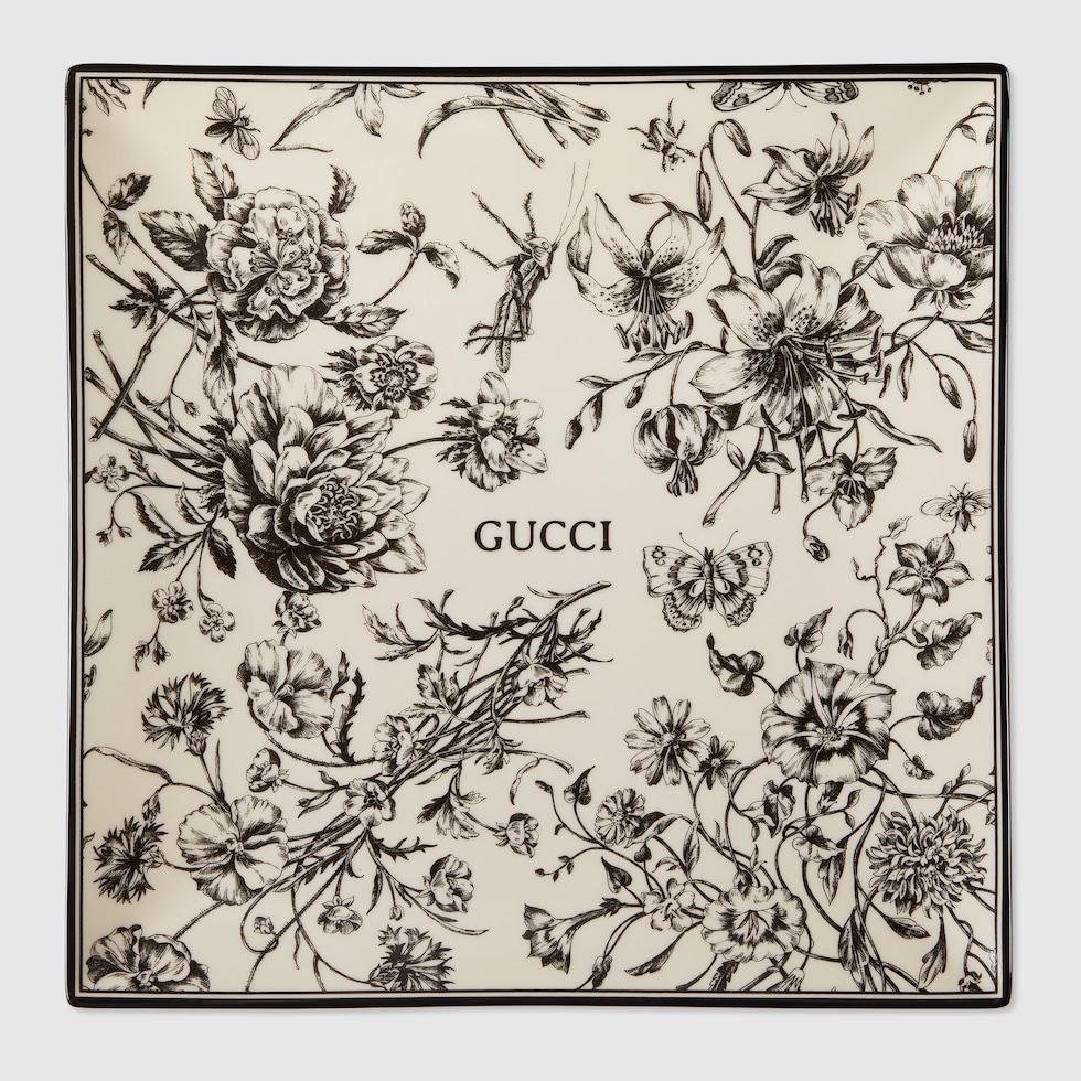 Gucci Flora Sketch print large trinket tray in ivory and black ...