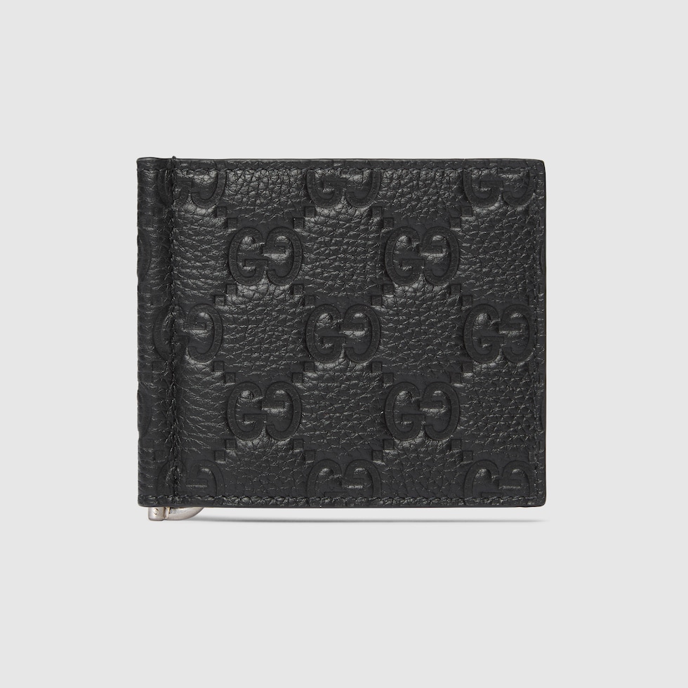 Gucci Imprint wallet with money clip in black GG leather | GUCCI® CZ