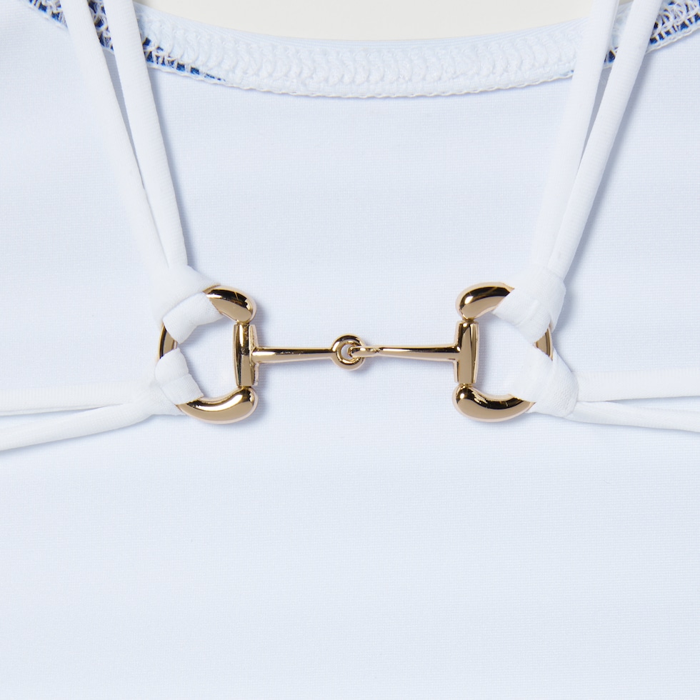 Printed stretch jersey swimsuit in blue and white | GUCCI® FI