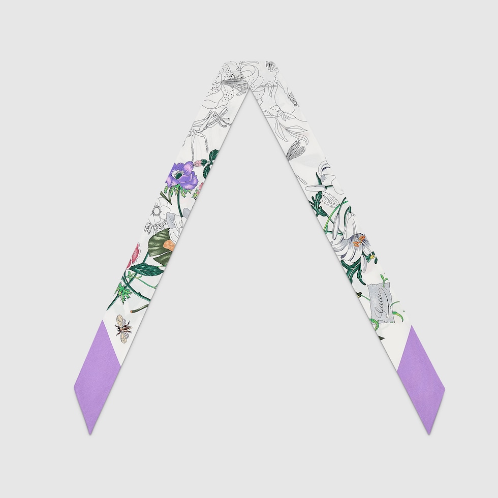 Printed silk twill neck bow in white and lilac | GUCCI® US